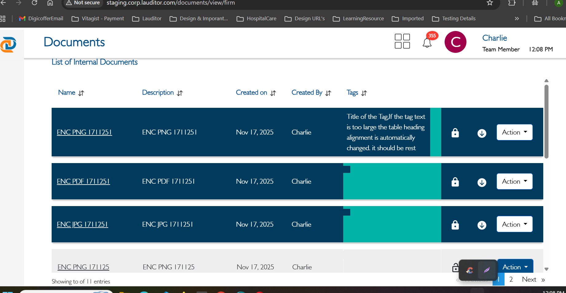 Bug #6310: Documents (View): When a document is uploaded by a team member, tags in different ...